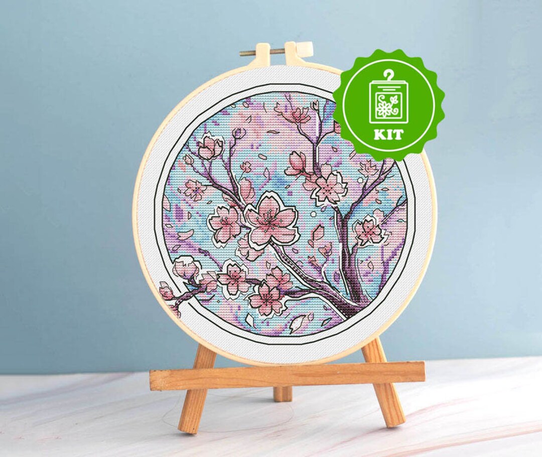 Sakura Cross Stitch Round Pattern Kit - Tree Blossom Cross Stitch Spring Embroidery Kit Pink ...