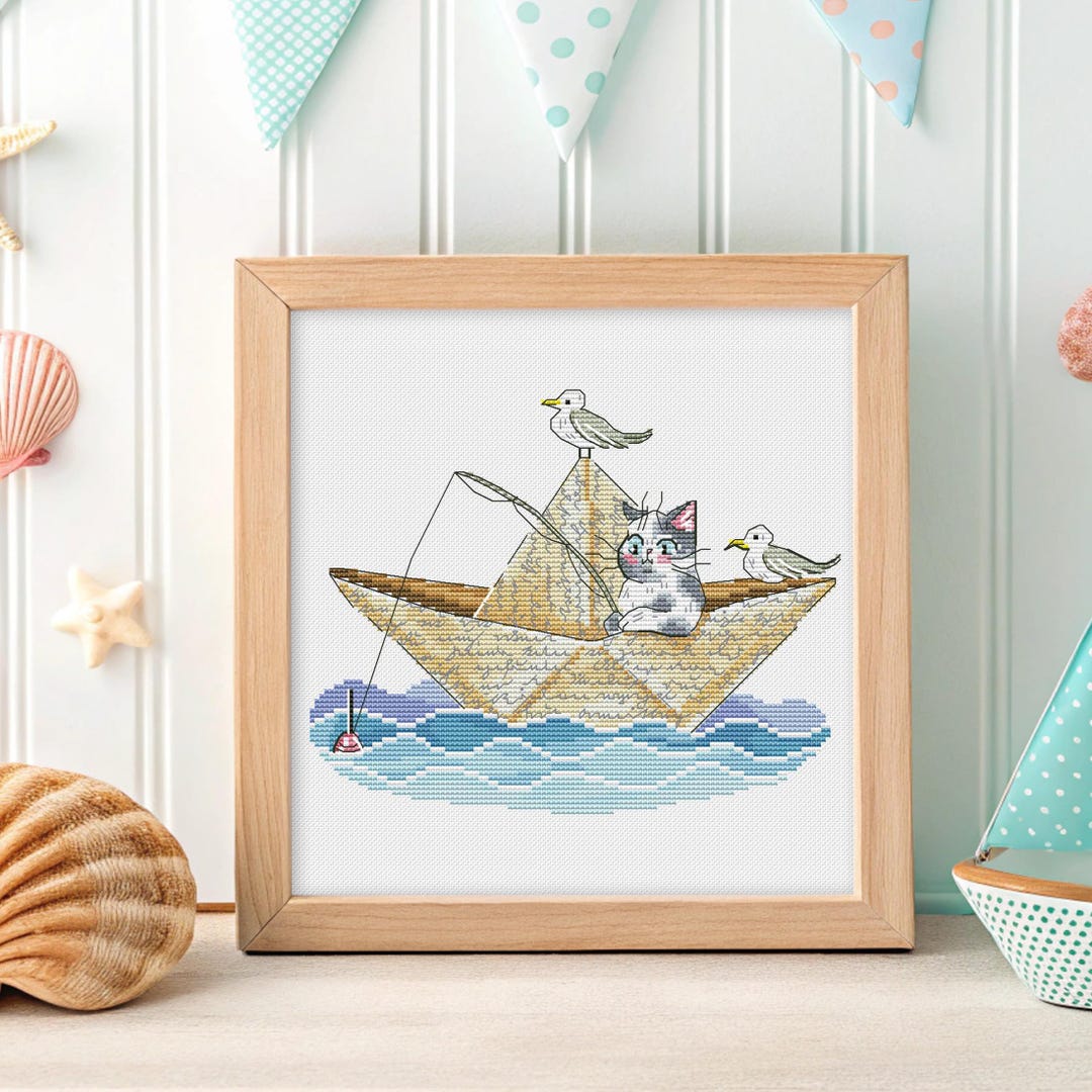 Fisherman Cat Cross Stitch Pattern PDF: Funny Cat Embroidery Design ...
