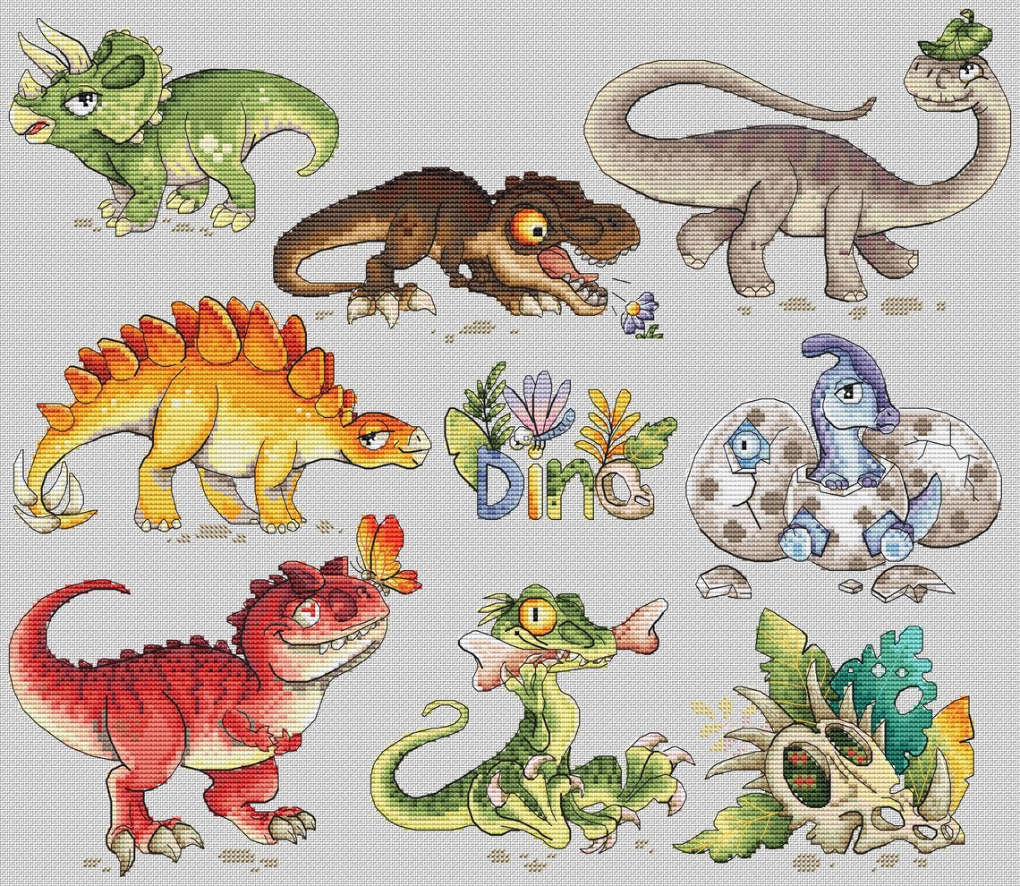 Dinosaurs Cross Stitch KIT Dino Sampler Pattern - Jurassic Park Cross ...