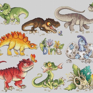 Dinosaurs Cross Stitch KIT Dino Sampler Pattern - Jurassic Park Cross ...