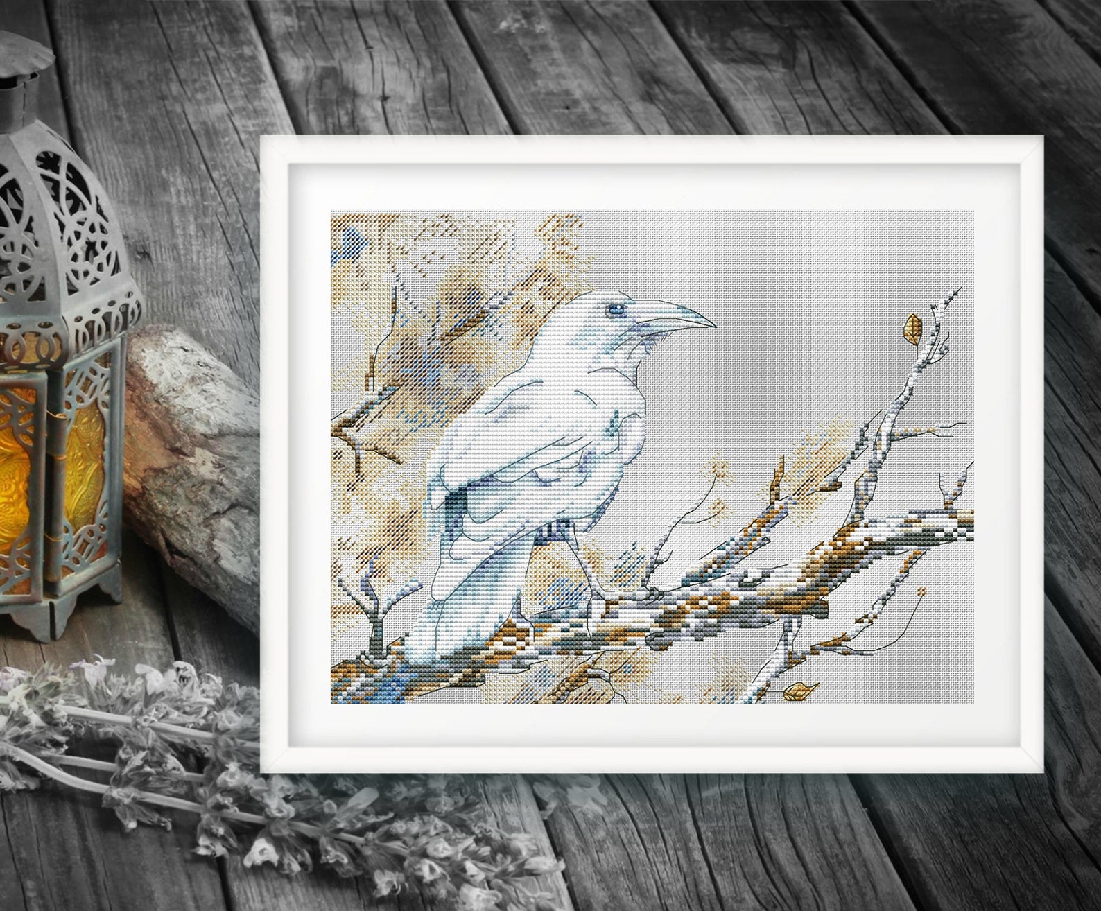 White Raven Cross Stitch Woods Pattern Pdf - Modern Cross Stitch Raven ...
