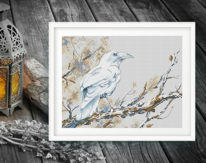 White Raven Cross Stitch Woods Pattern Pdf - Modern Cross Stitch Raven ...