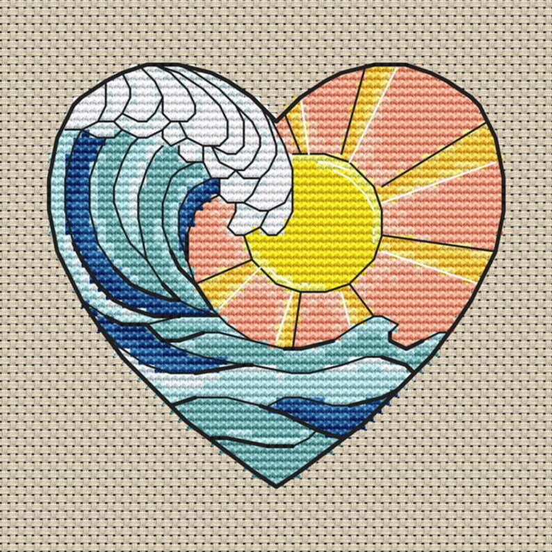 Summer Heart Cross Stitch Wave Pattern Pdf Great Wave Cross - Etsy