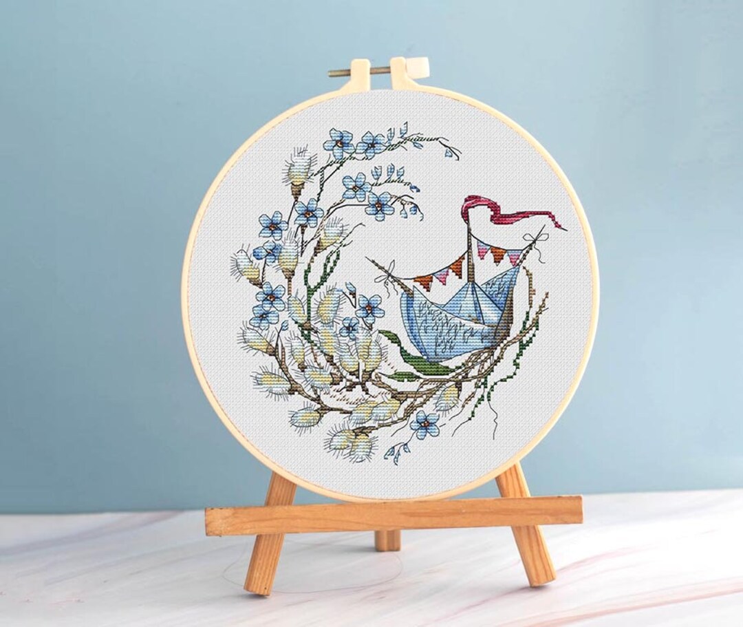 Spring Boat Cross Stitch Round Pattern Pdf - Willow Cross Stitch Sea ...