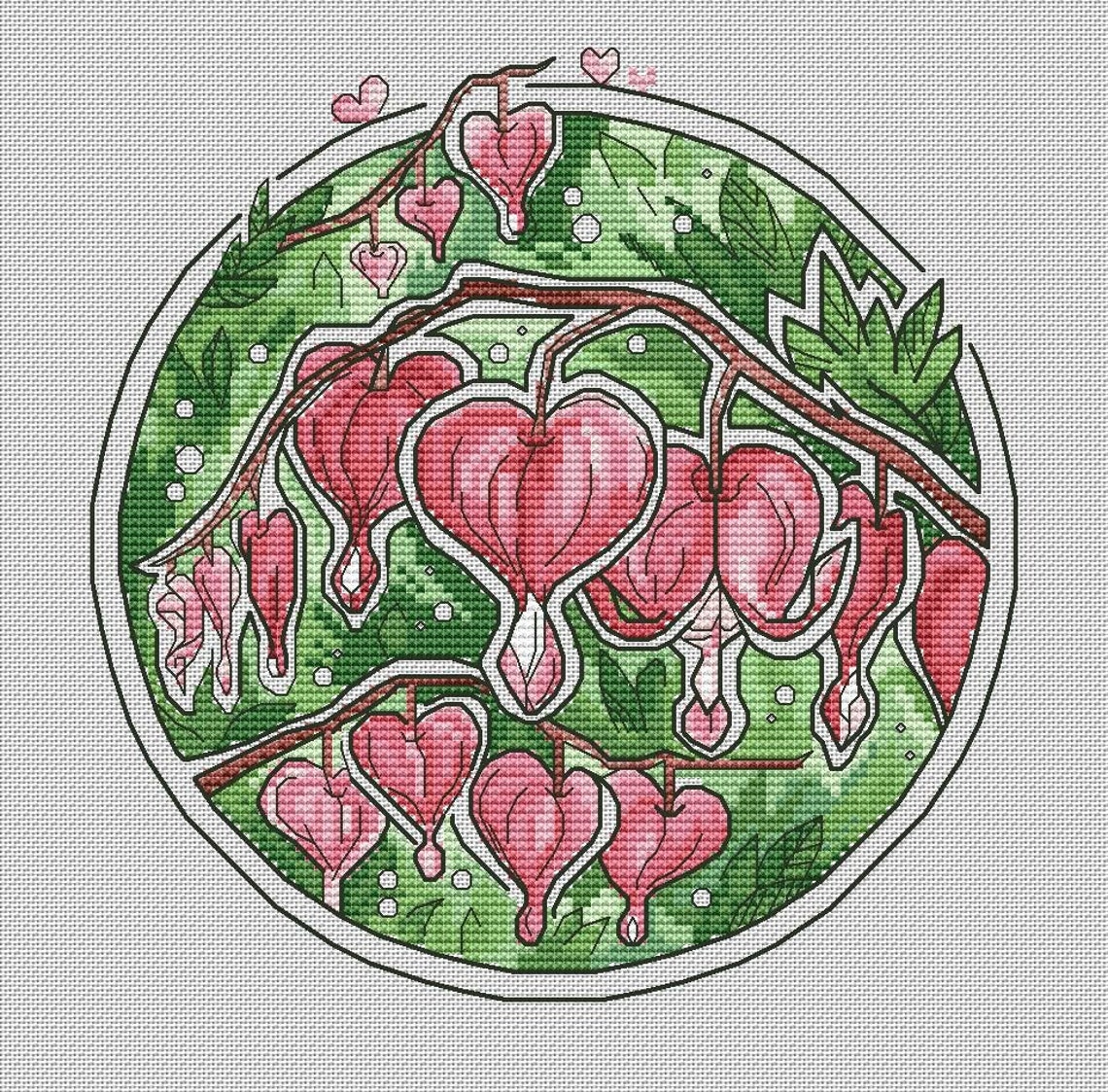 Bleeding Heart Cross Stitch Round Pattern Pdf - Garden Cross Stitch ...