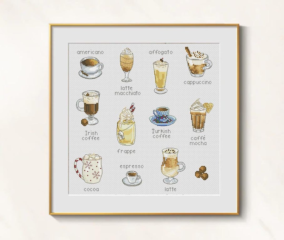 Coffee Cups Cross Stitch Latte Espresso Pattern Pdf - Coffee Time Embroidery Easy Cross Stitch ...
