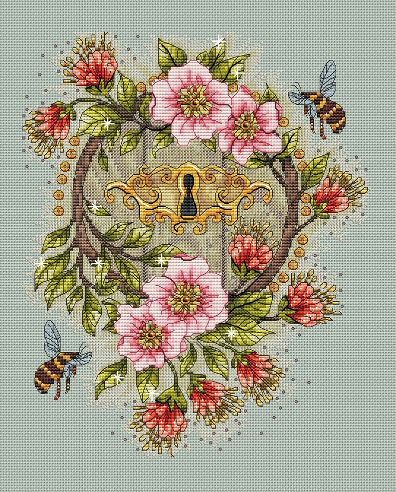 Romantic Cross Stitch Keyhole Pattern Pdf - Bee Flowers Embroidery Lock ...