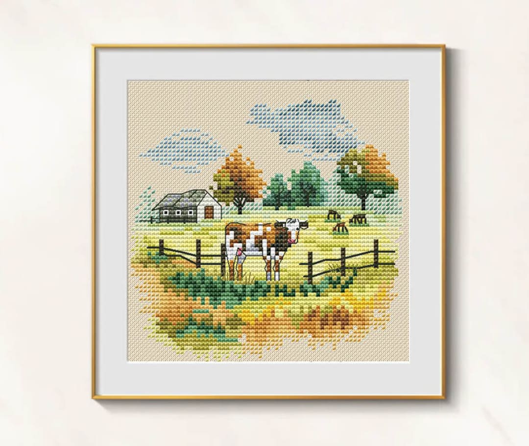 Cow Cross Stitch Rustic Pattern Pdf - Cottagecore Cross Stitch Rural Art Embroidery Needlepoint ...