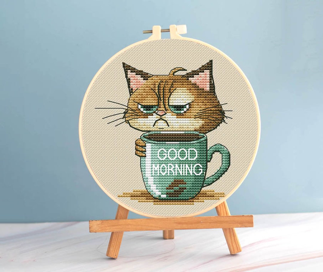 Good Morning Cross Stitch Cat Pattern Pdf - Funny Cat Cross Stitch ...