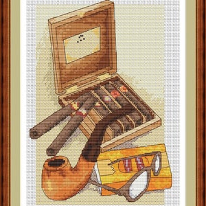 Cigar Box Cross Stitch Pipe Pattern Pdf Tobacco Box Cross Stitch Cigars ...