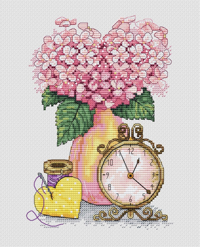 Hydrangea Cross Stitch Bouquet Pattern Pdf - Pink Flowers Cross Stitch ...