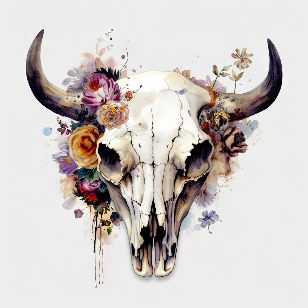Rustic Cow Skull Art - Boho Bull Skull Print With Floral Accents ...