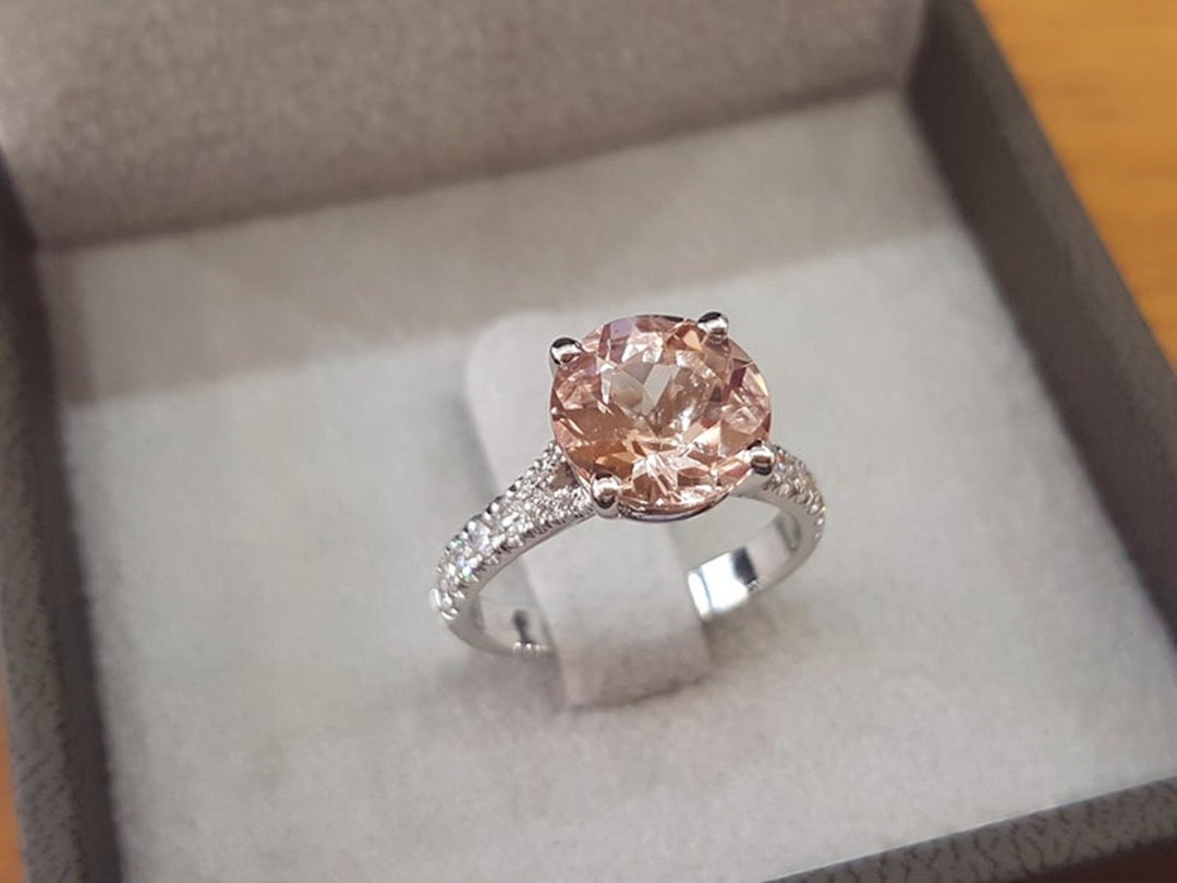 Morganite Round Cut CZ Diamond Ring, Solitaire With Accents Wedding ...