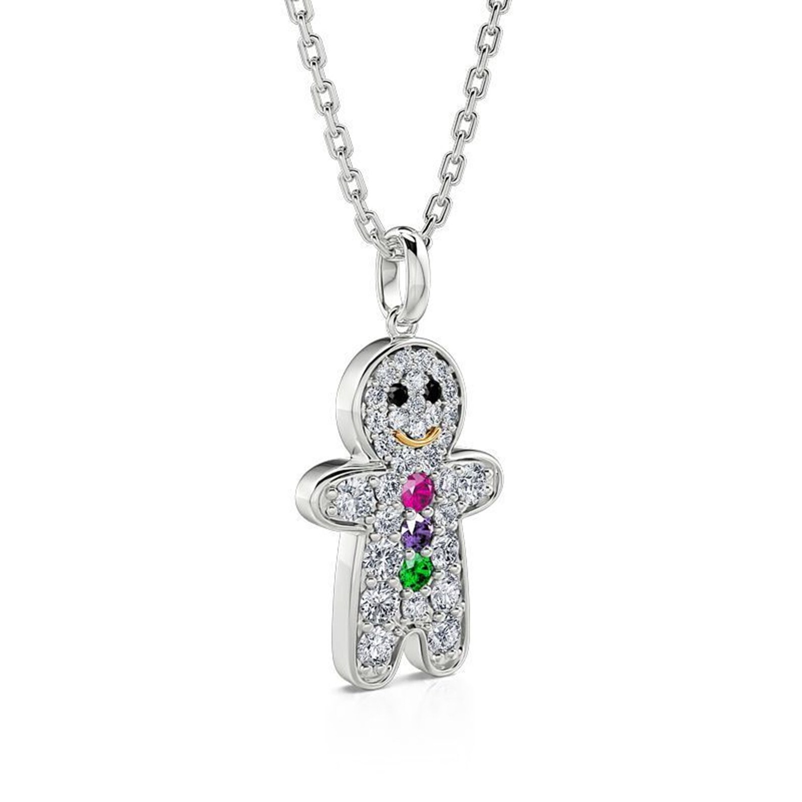 14K Gold Gingerbread Man Pendant Necklace, Round CZ Stone Pendant ...