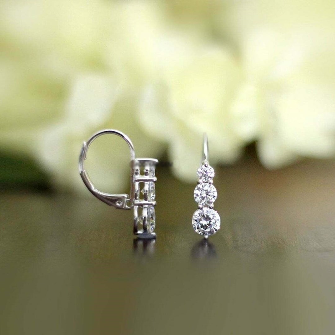 Three Stone Drop Dangle Earrings, Round Moissanite Diamond Drop ...
