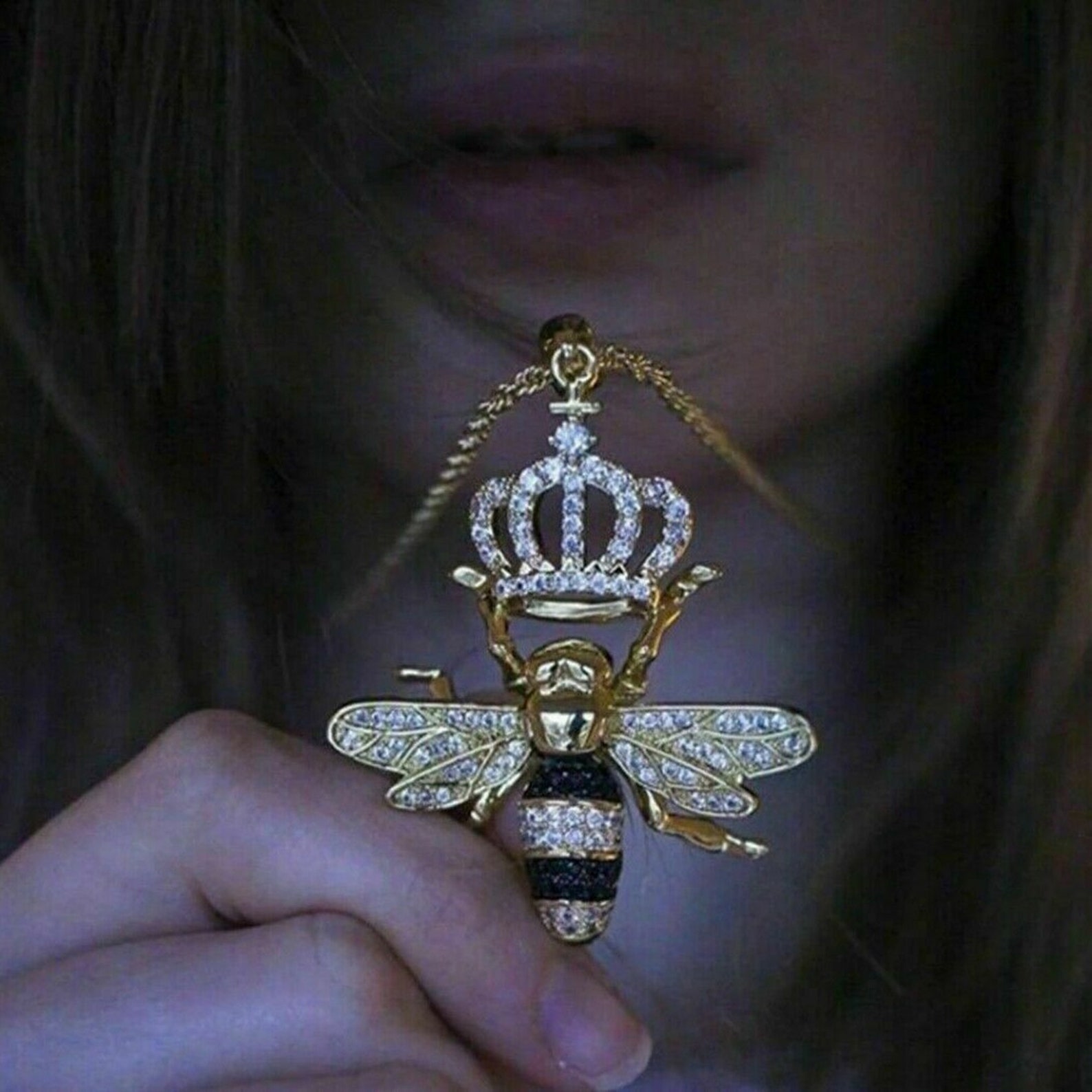 Queen Bee Crown Pendant, Black & White Round Moissanite Diamond Queen ...