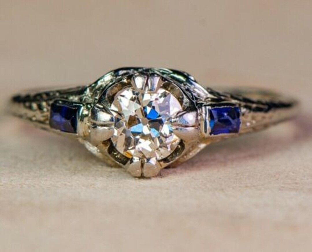 Vintage Inspire Wedding Ring, Sapphire Baguette & Old European Cut CZ Stone Ring, Victorian Era ...