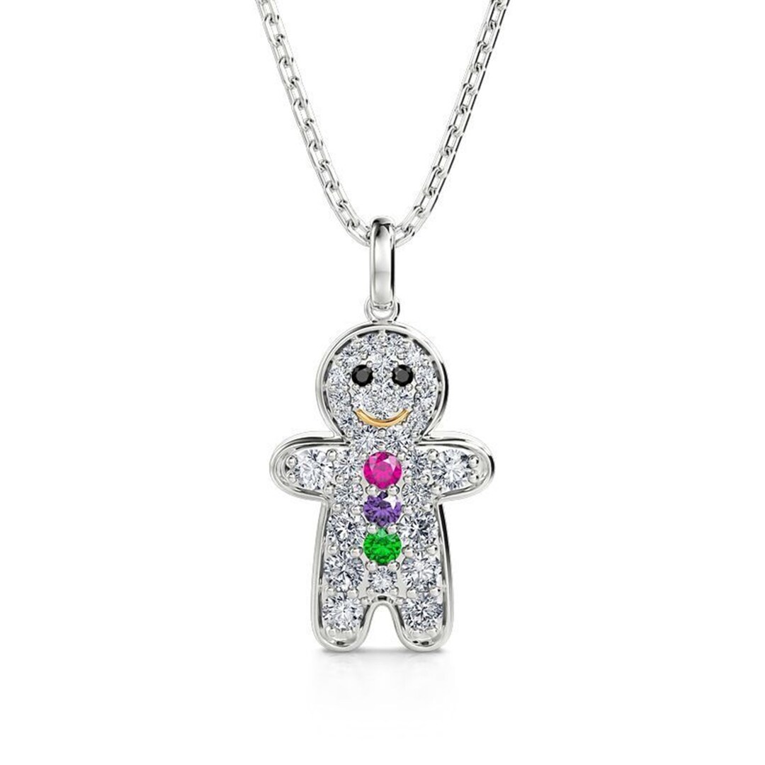 14K Gold Gingerbread Man Pendant Necklace, Round CZ Stone Pendant ...