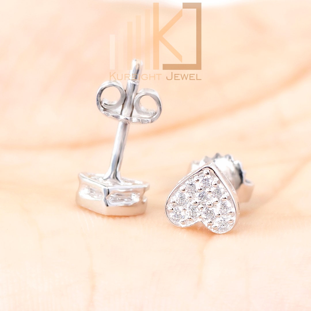 Pave Set Heart Studs , Round Moissanite Diamond Heart Shape Stud ...