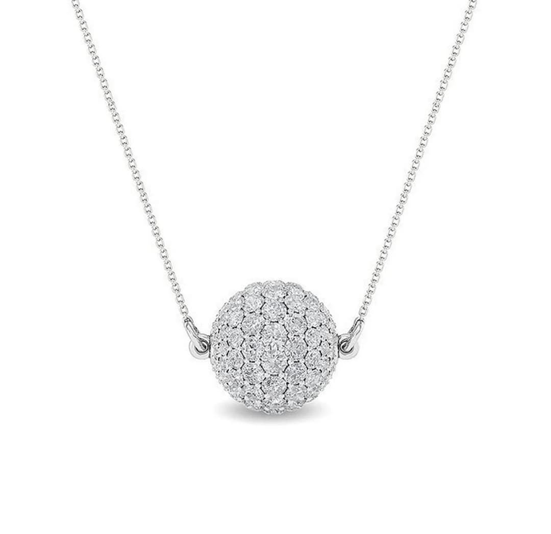 Snowball Pendant Necklace, Pave Set Ball Charm Necklace, Round ...
