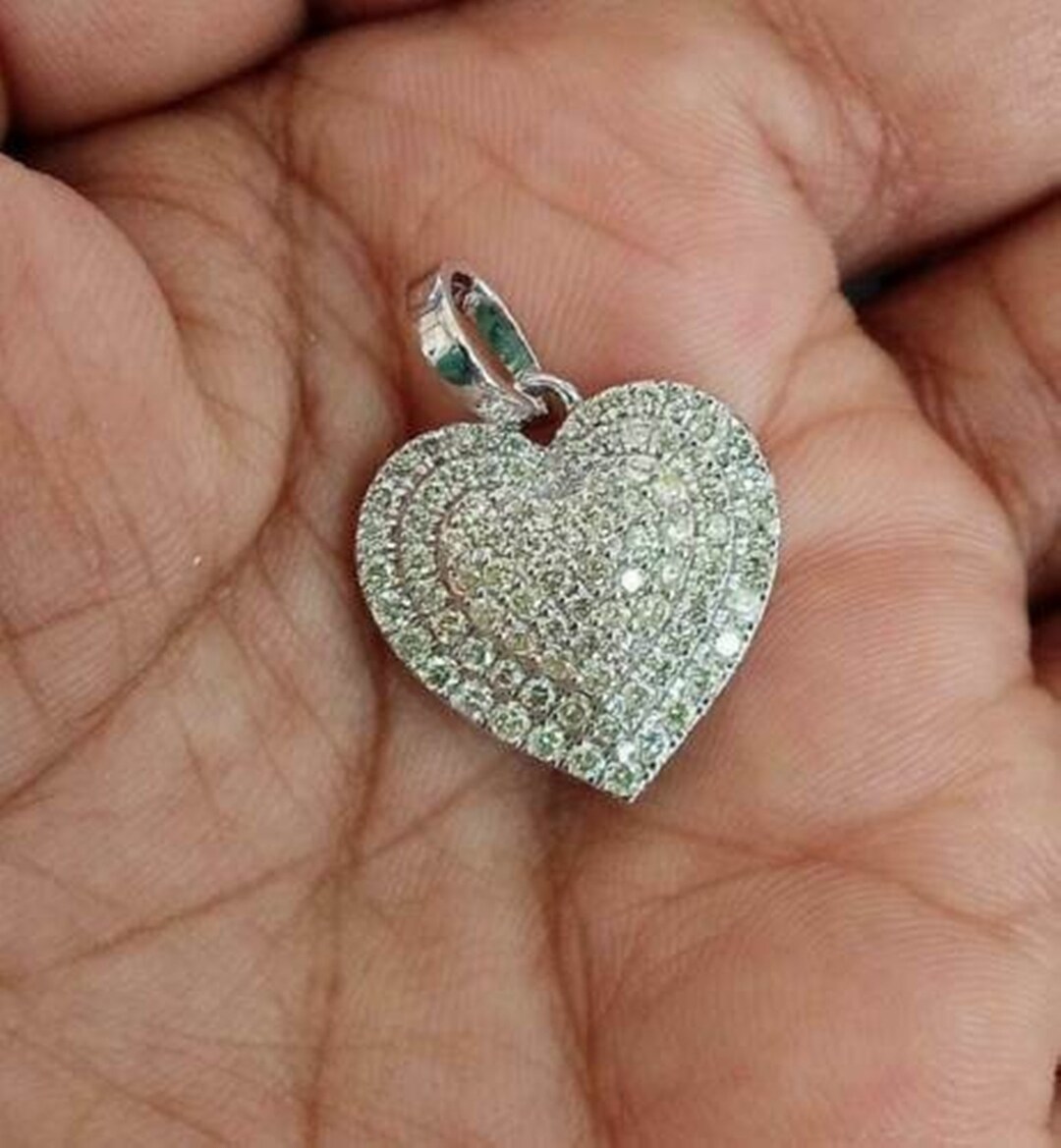 Round Moissanite Diamond Heart Shape Pendant Necklace, 18K White Gold ...