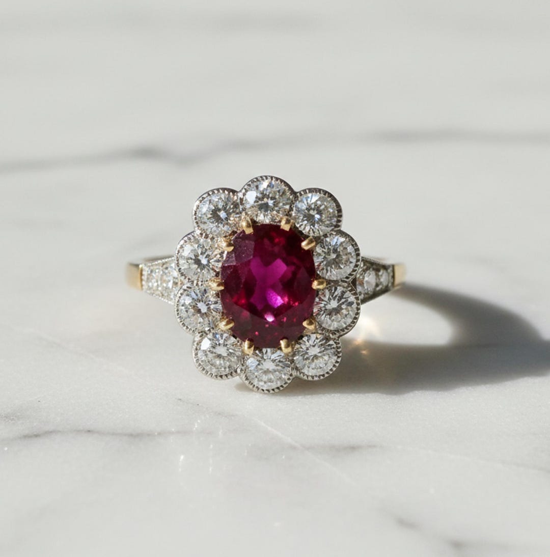 Pink Flower Inspire Ring, Ruby Oval Cut CZ Stone Halo Wedding Ring, 925 ...