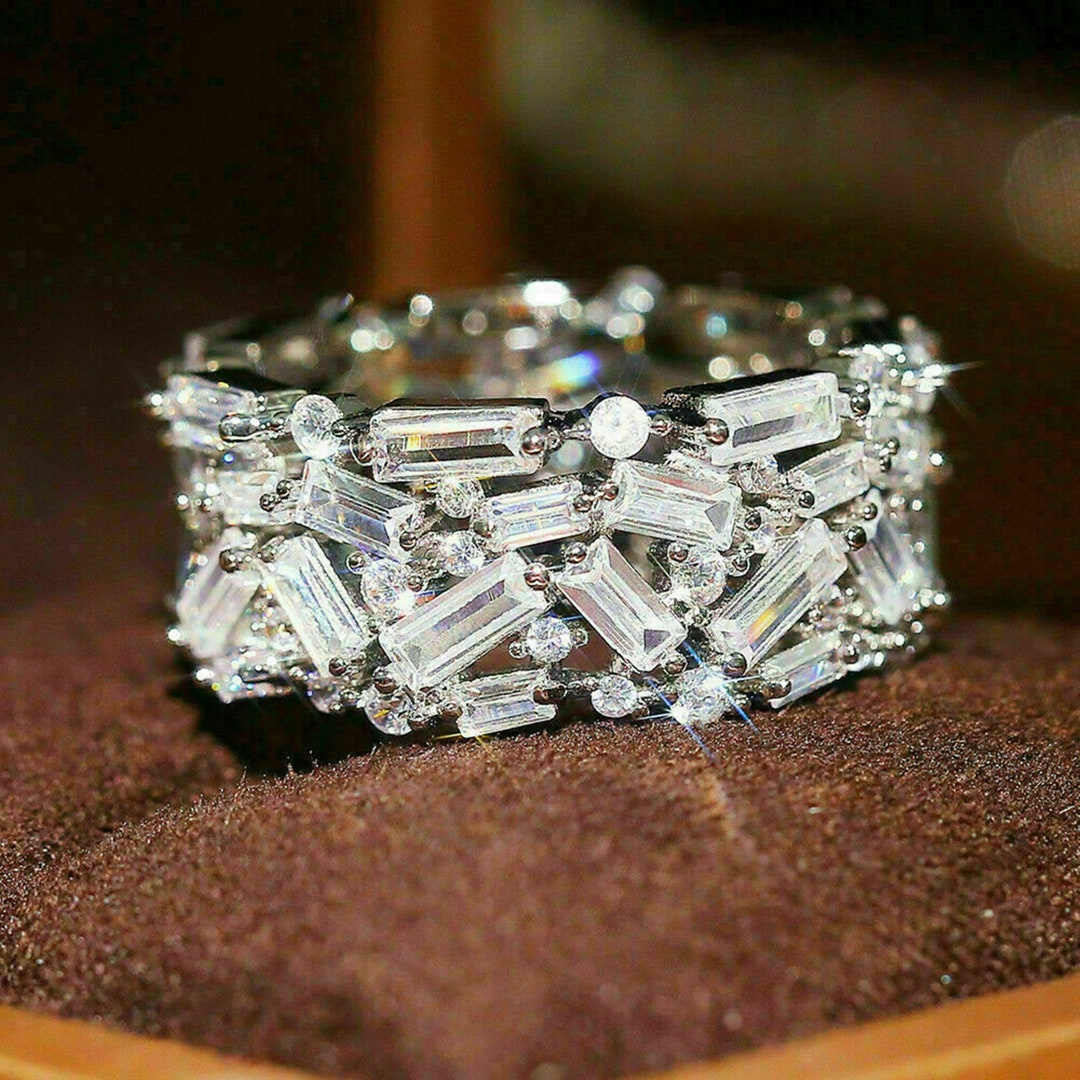Single Prong Set Eternity Band, Round & Baguette Cut CZ Stone Band ...