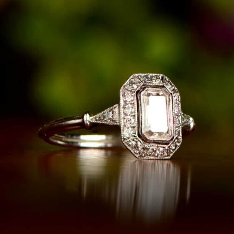 Milgrain Bezel Set Art Deco Ring, Emerald Cut Moissanite Diamond Halo ...