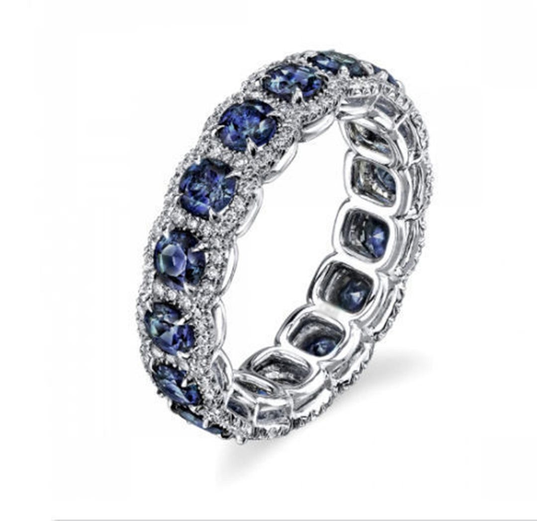 Sapphire Blue Round CZ Stone Engagement Band,halo Eternity Wedding Band ...