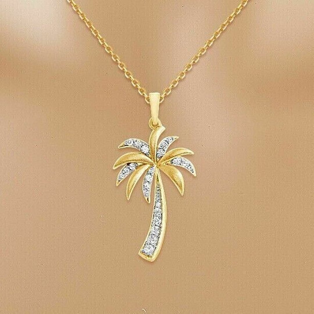 Yellow Gold Palm Tree Pendant Necklace, Round Cut Moissanite Diamond ...