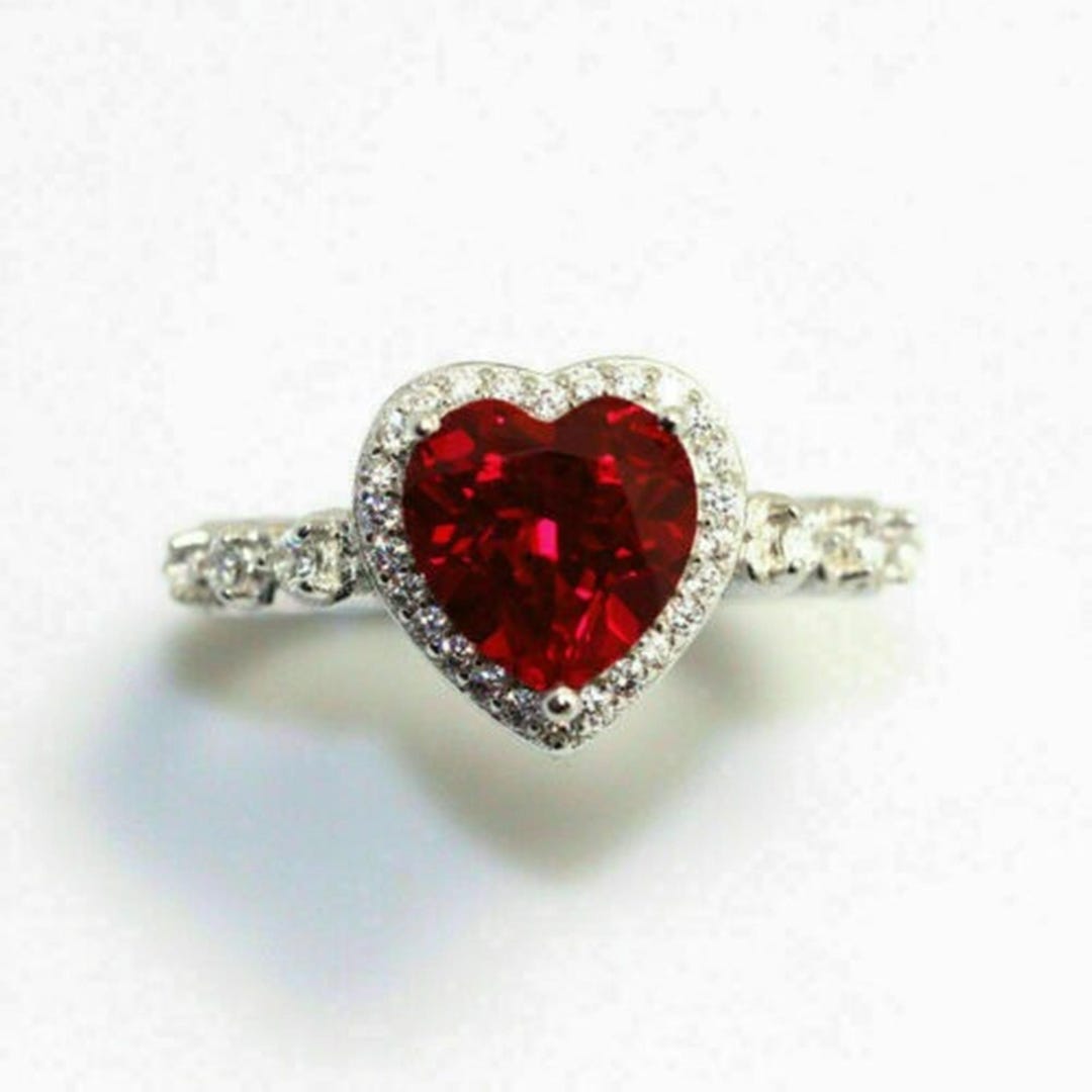 Lovable Heart Shape Ring for Women, Ruby Heart CZ Stone Halo Ring ...