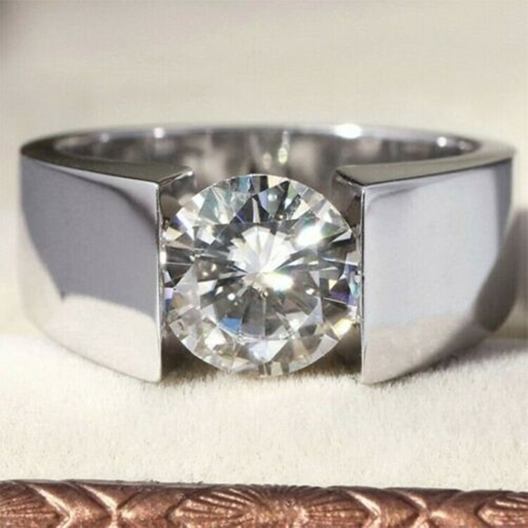 Tension Set Engagement Ring for Men, Solitaire Round Cut Moissanite ...