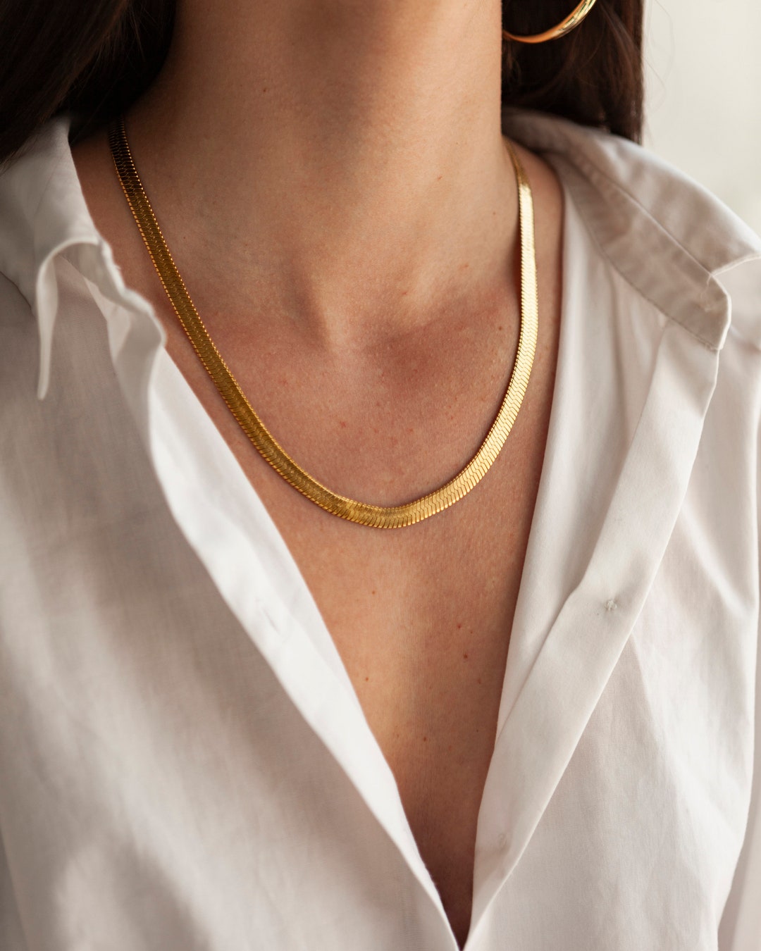 Gold Herringbone - Snake Chain - Thick Necklace (20" Long, 7mm W) - 18k ...