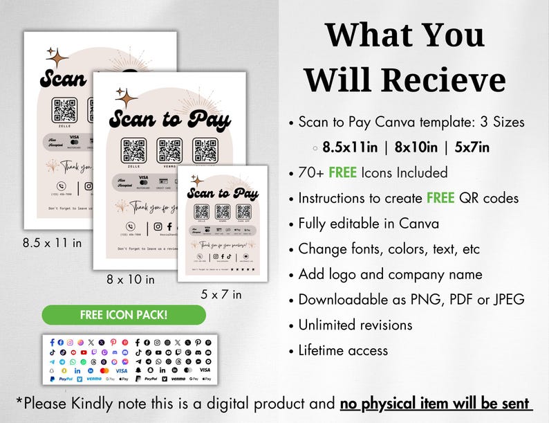 Retro Scan to Pay Sign, Canva Template, Custom QR Code Payment Sign ...