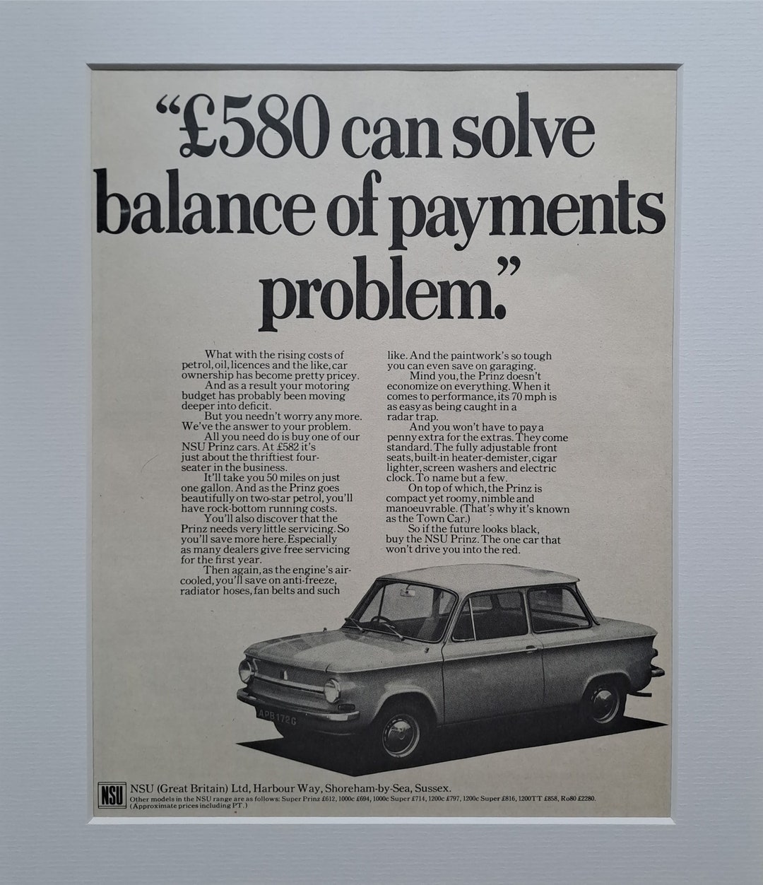 1969 NSU Prinz Car Original Full Page Vintage Magazine Advertisement - Etsy