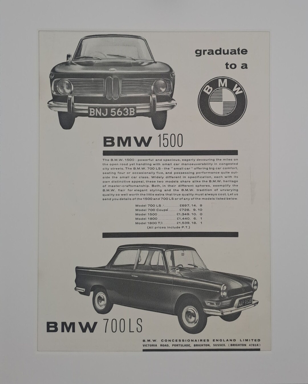 1964 BMW 1500 and BMW 700 LS Cars Original Vintage Full Page Magazine ...