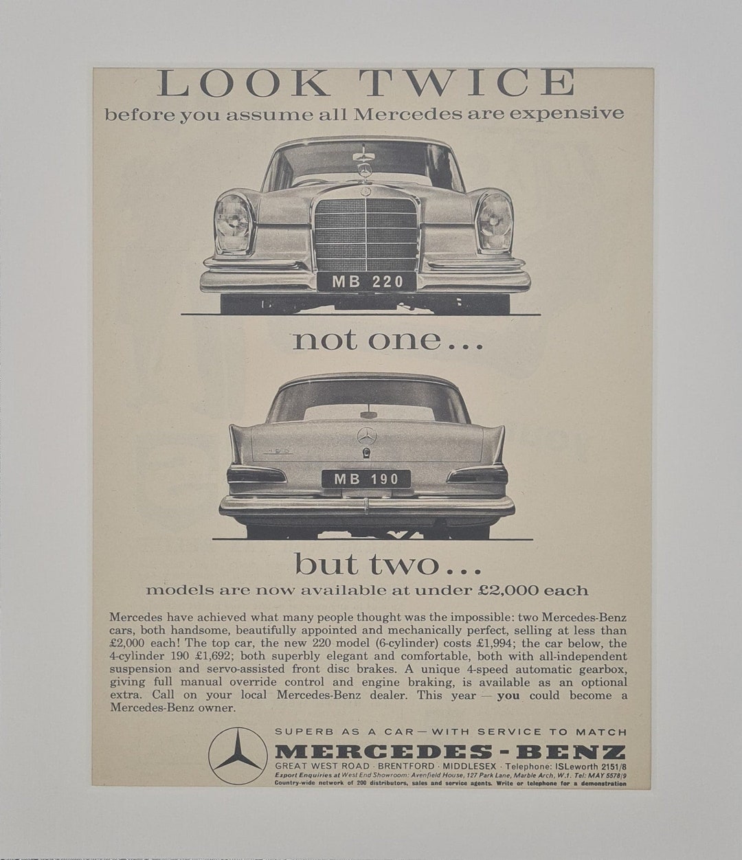 1964 Mercedes-benz 220 and 190 Cars Original Vintage Full Page Magazine ...