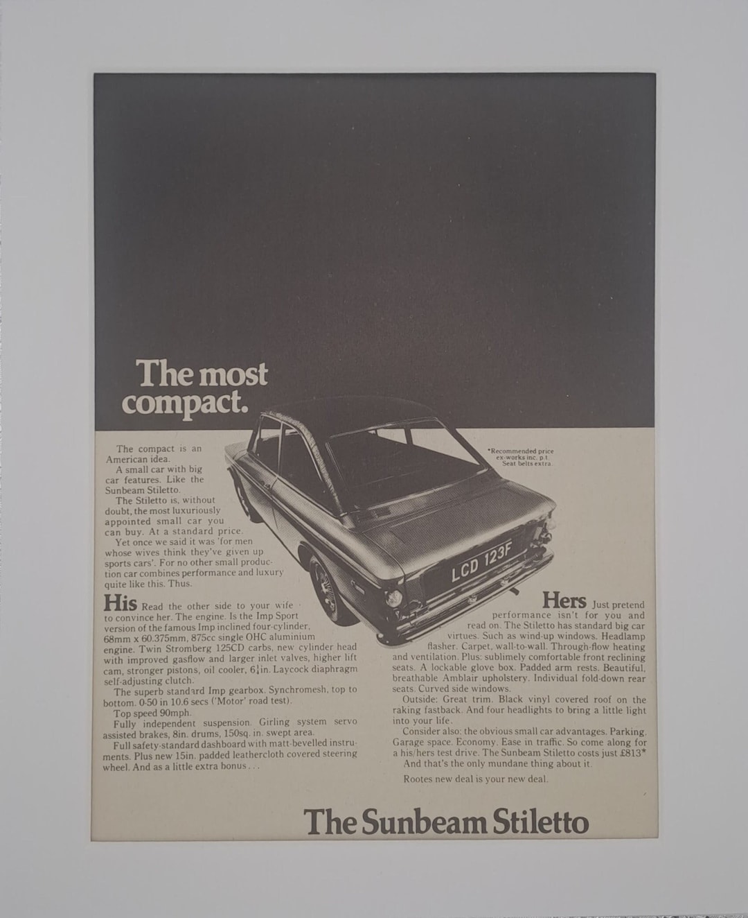 1968 Sunbeam Stiletto Car Original Full Page Vintage Magazine ...