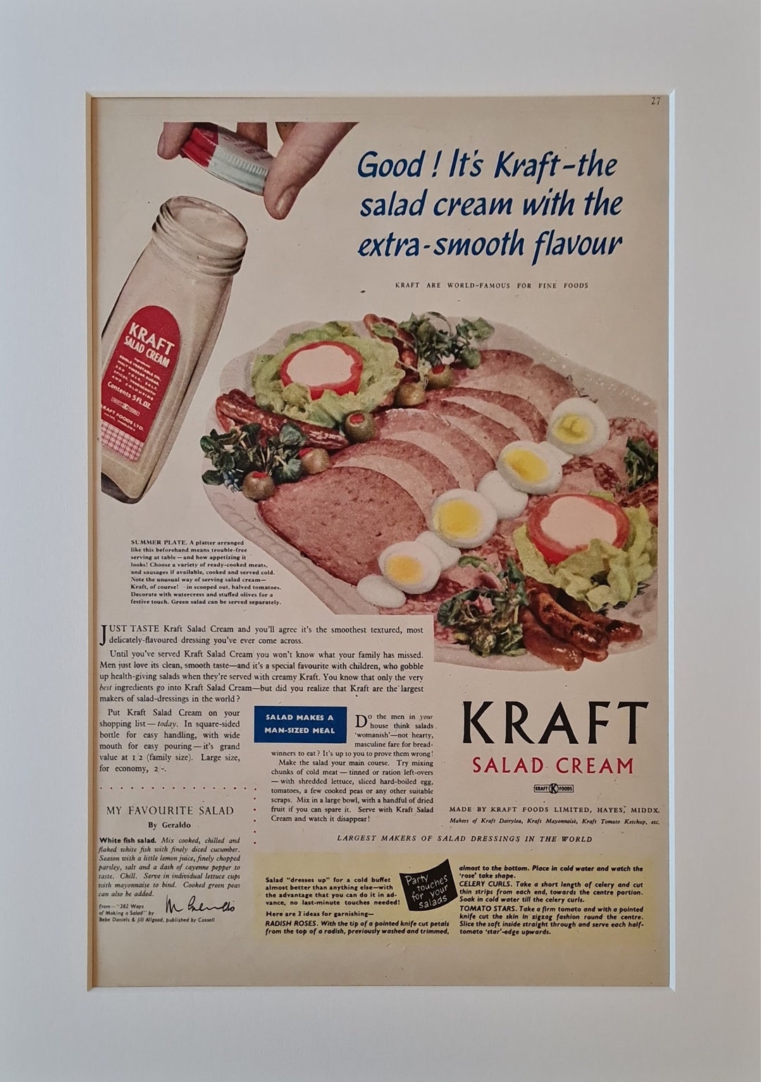 1952 Kraft Salad Cream Original Full Page Vintage Magazine ...