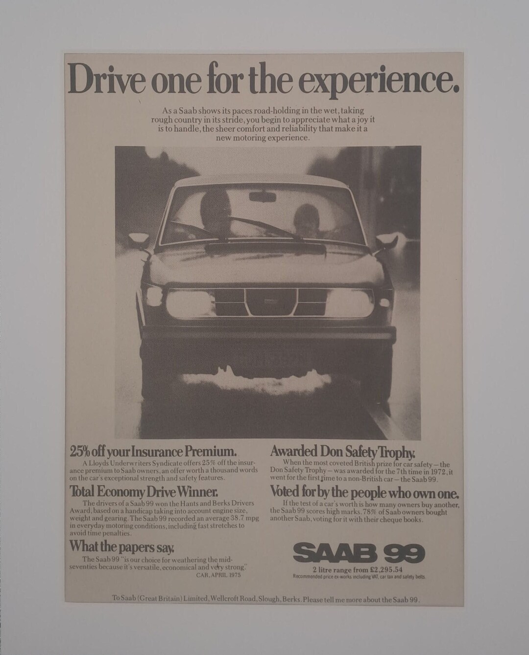 1975 Saab 99 Car Original Full Page Vintage Magazine Advertisement - Etsy