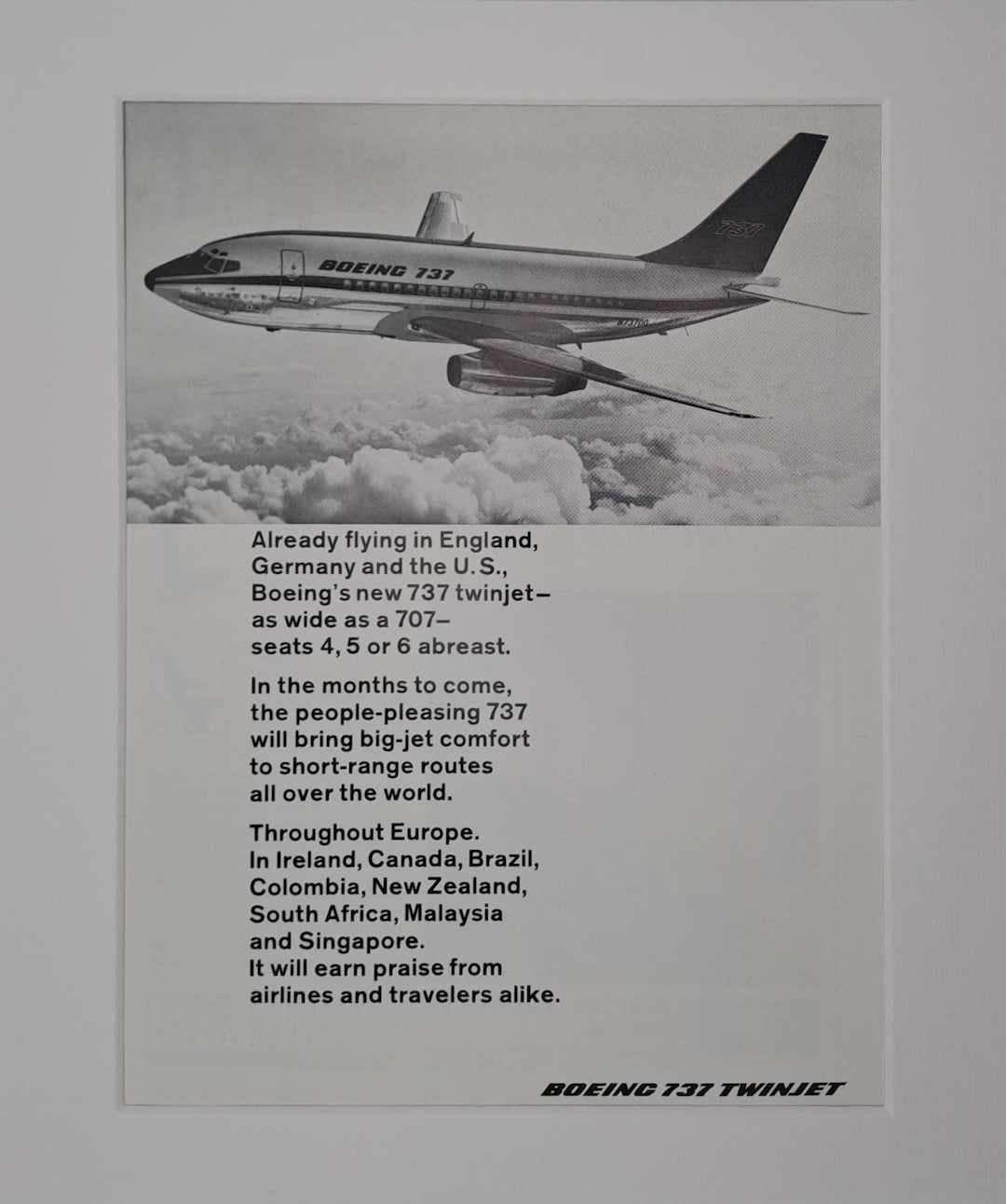 1968 Boeing 737 Twinjet Aircraft Vintage Full Page Magazine ...