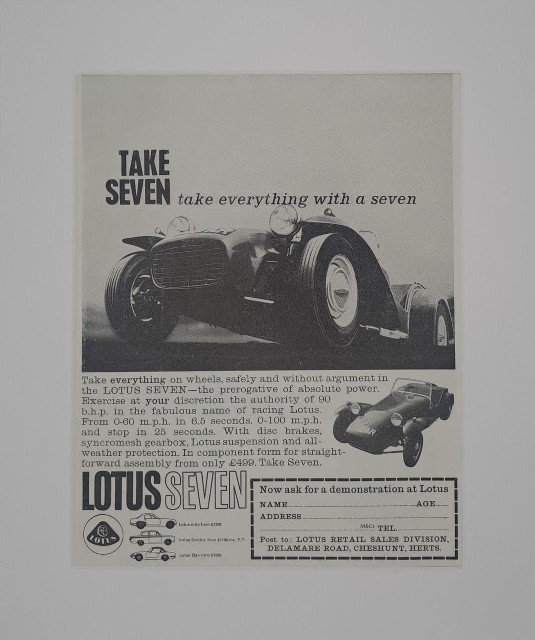 1963 Lotus Seven Car Original Full Page Vintage Magazine Advertisement ...