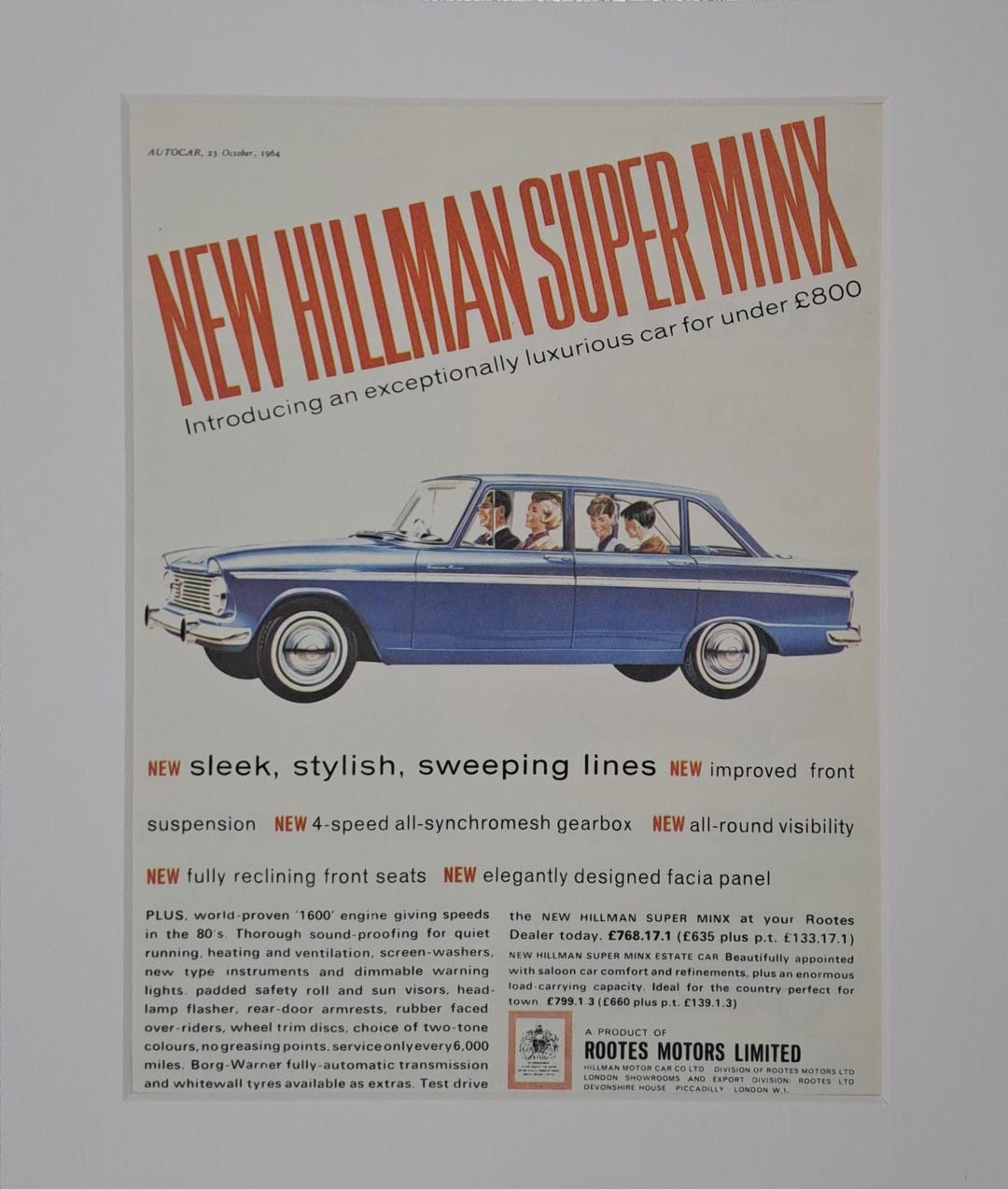 1964 Hillman Super Minx Car Original Vintage Full Page Magazine ...