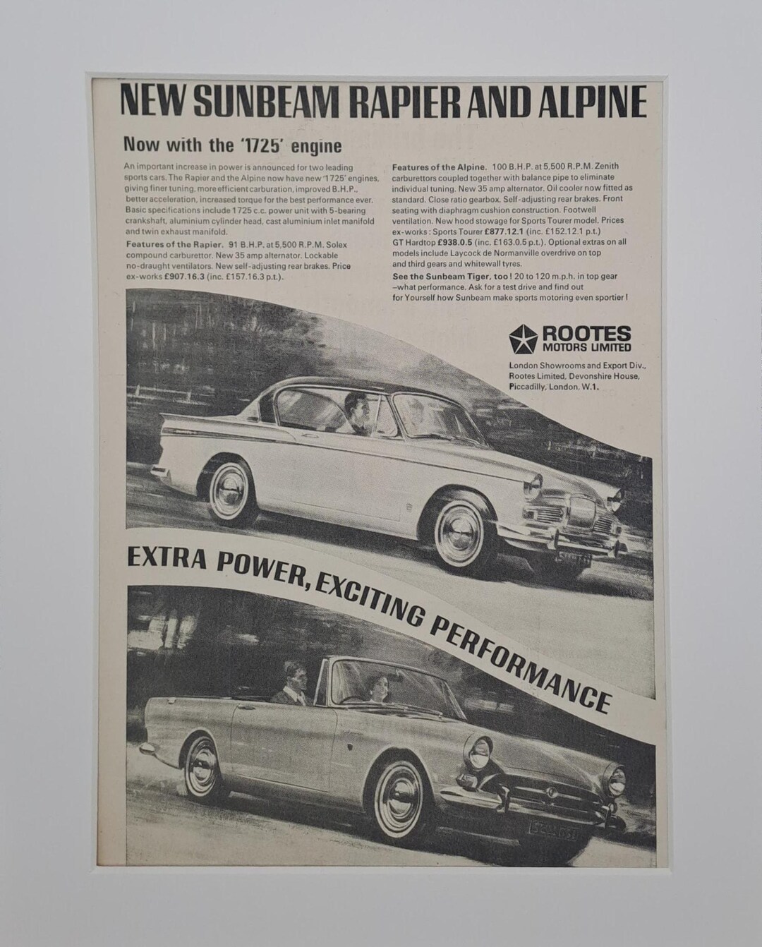 1965 Sunbeam Rapier and Alpine Cars Original Full Page Vintage Magazine ...