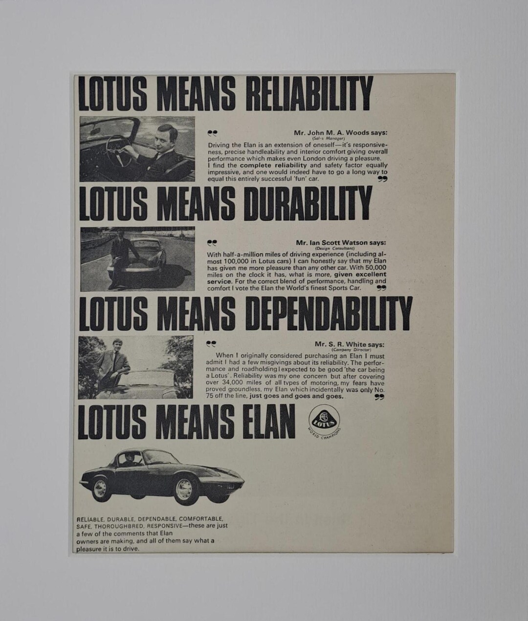 1965 Lotus Elan Car Original Full Page Vintage Magazine Advertisement - Etsy