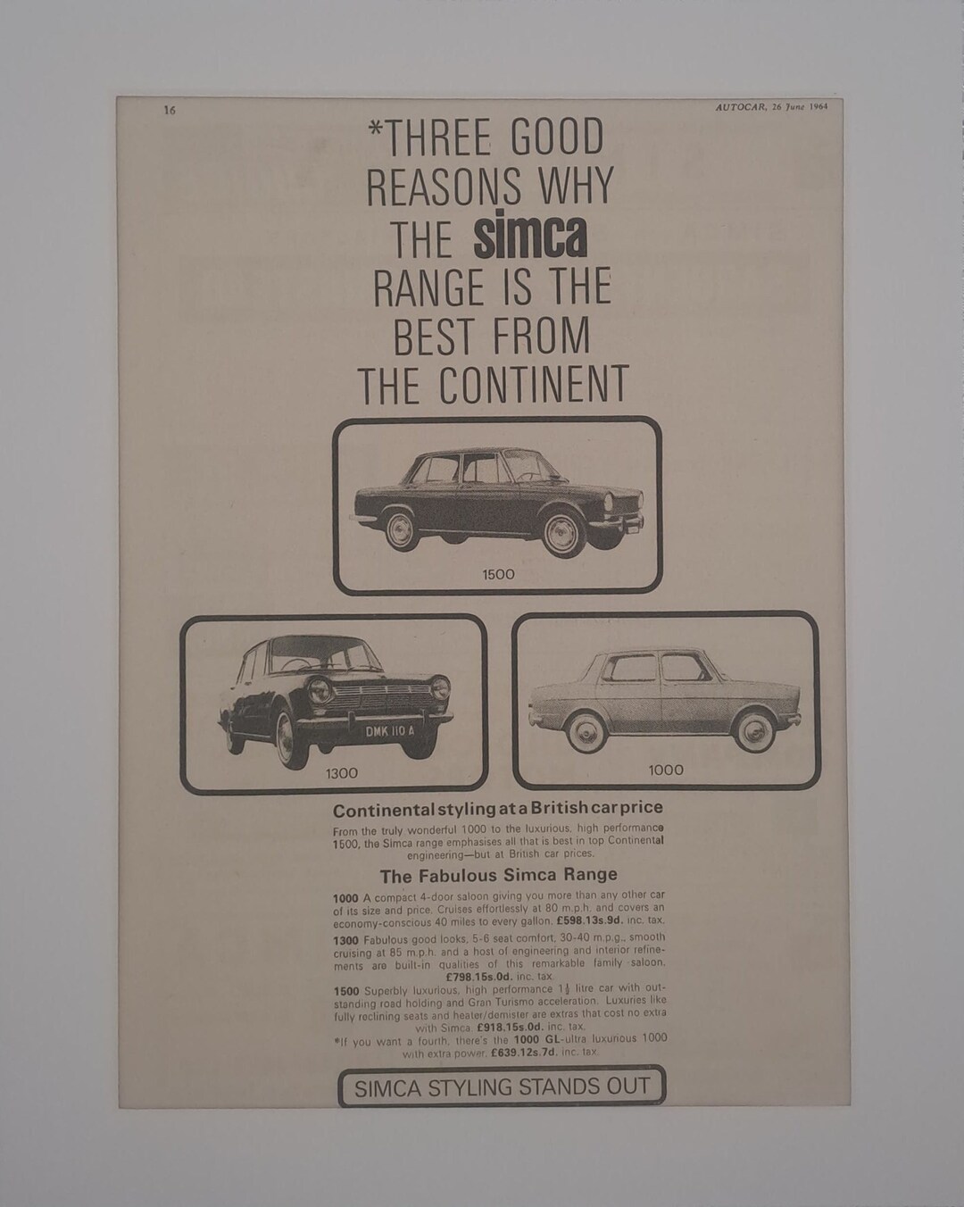 1964 Simca 1000, 1300 and 1500 Saloon Cars Original Full Page Vintage ...