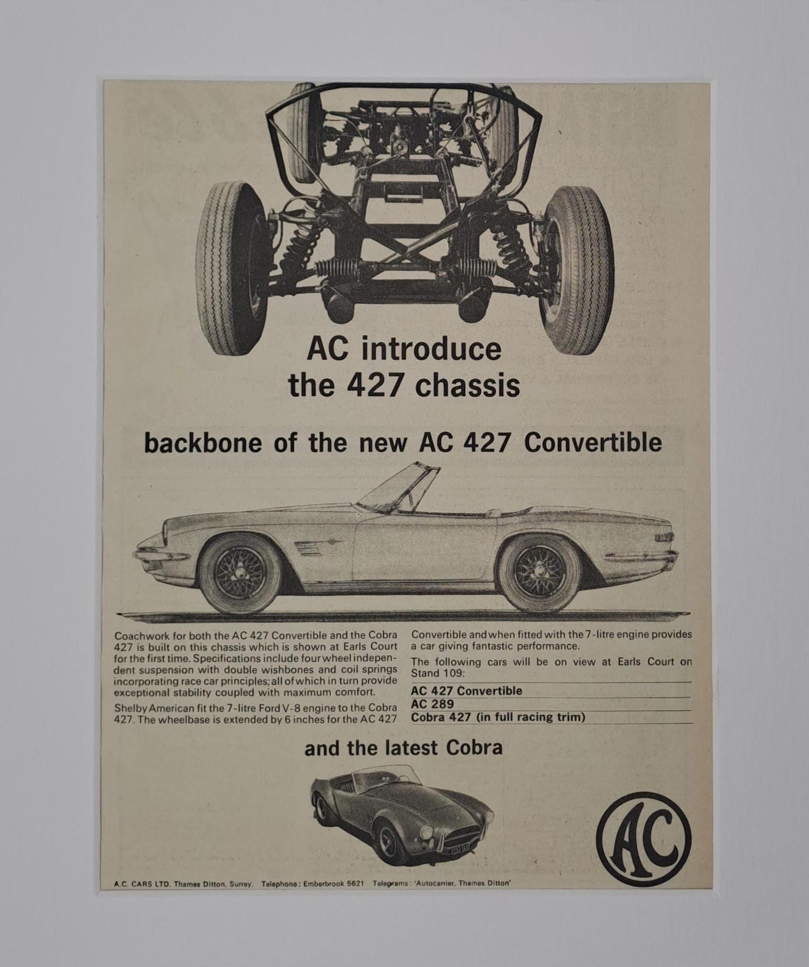 1965 AC 427 Convertible and AC Cobra Cars Original Vintage Full Page ...