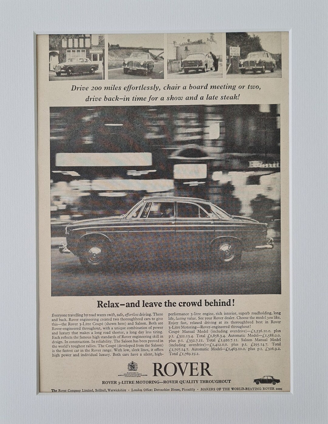 1964 Rover 3-litre Coupe and Saloon Cars Original Full Page Vintage ...