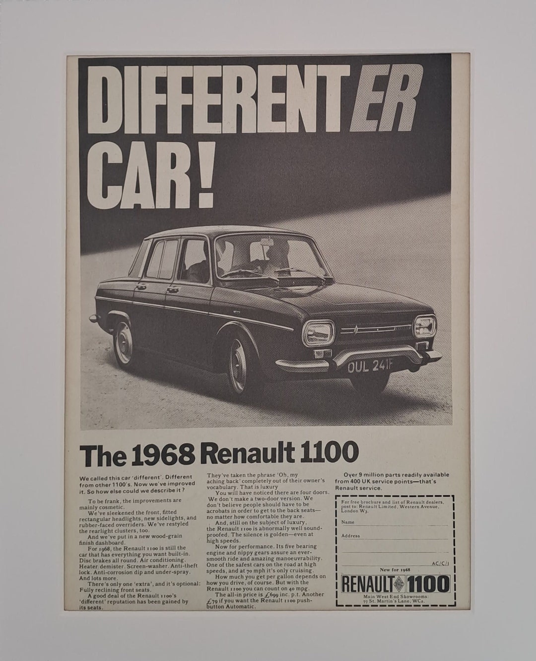 1967 Renault 1100 Car Original Full Page Vintage Magazine Advertisement ...