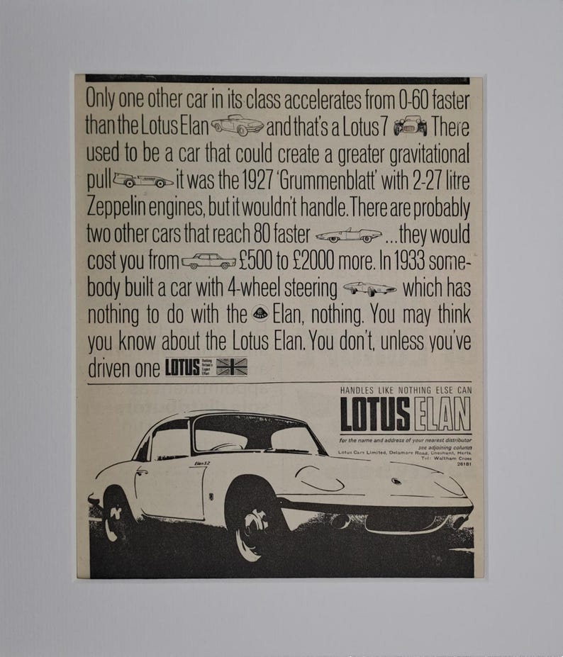 1965 Lotus Elan Car Original Full Page Vintage Magazine Advertisement ...